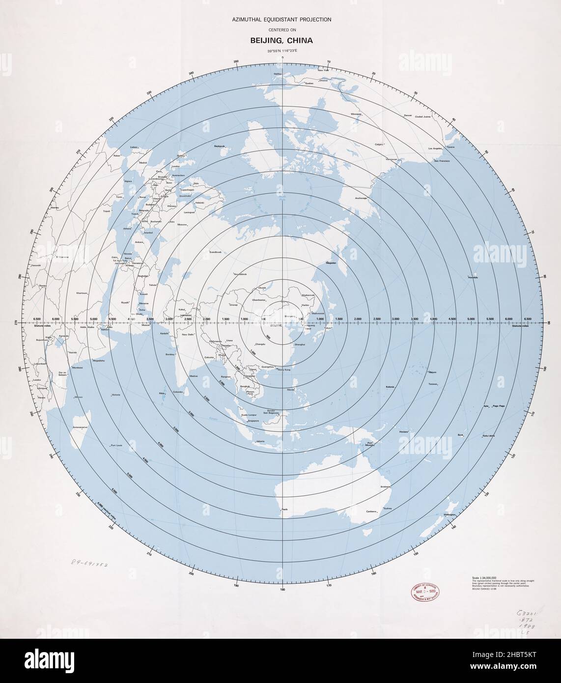 Azimuthal equidistant projection map centered on Beijing China ca. 1988 ...