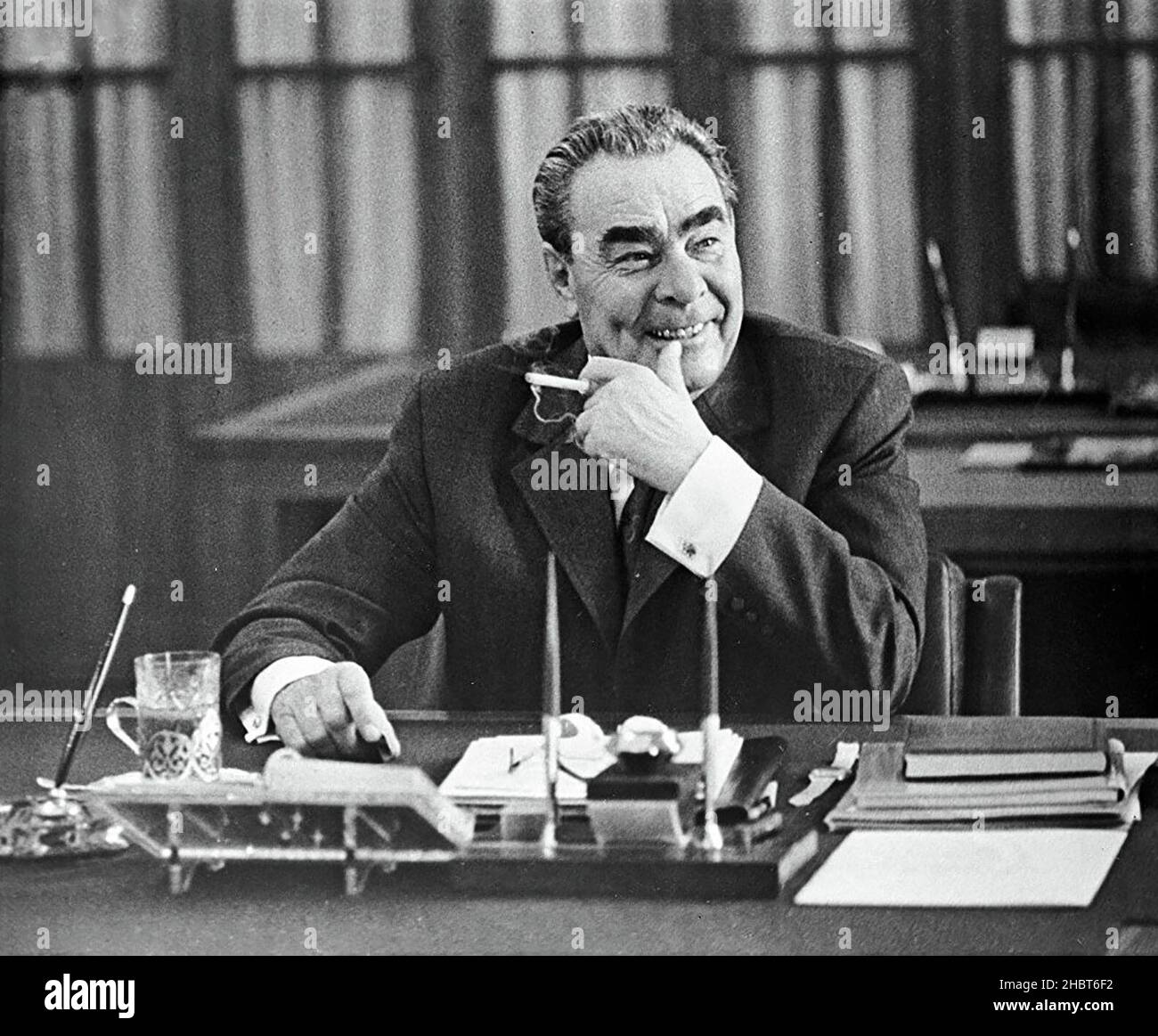Soviet leader Leonid Brezhnev smoking a cigarette ca. 1 October 1973 ...