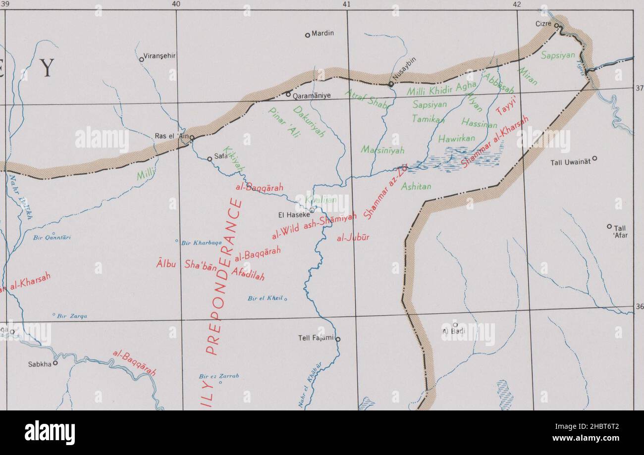 1951 CIA map of Syria – principal Arab and Kurdish tribes Stock Photo ...