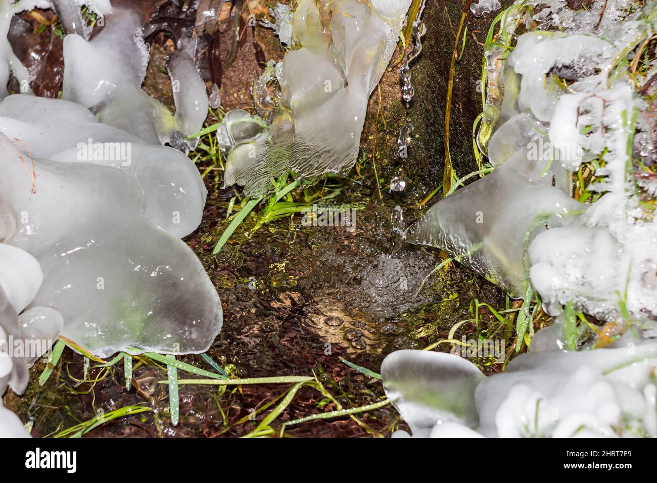 A stream of water in the spring and white ice Stock Photo - Alamy