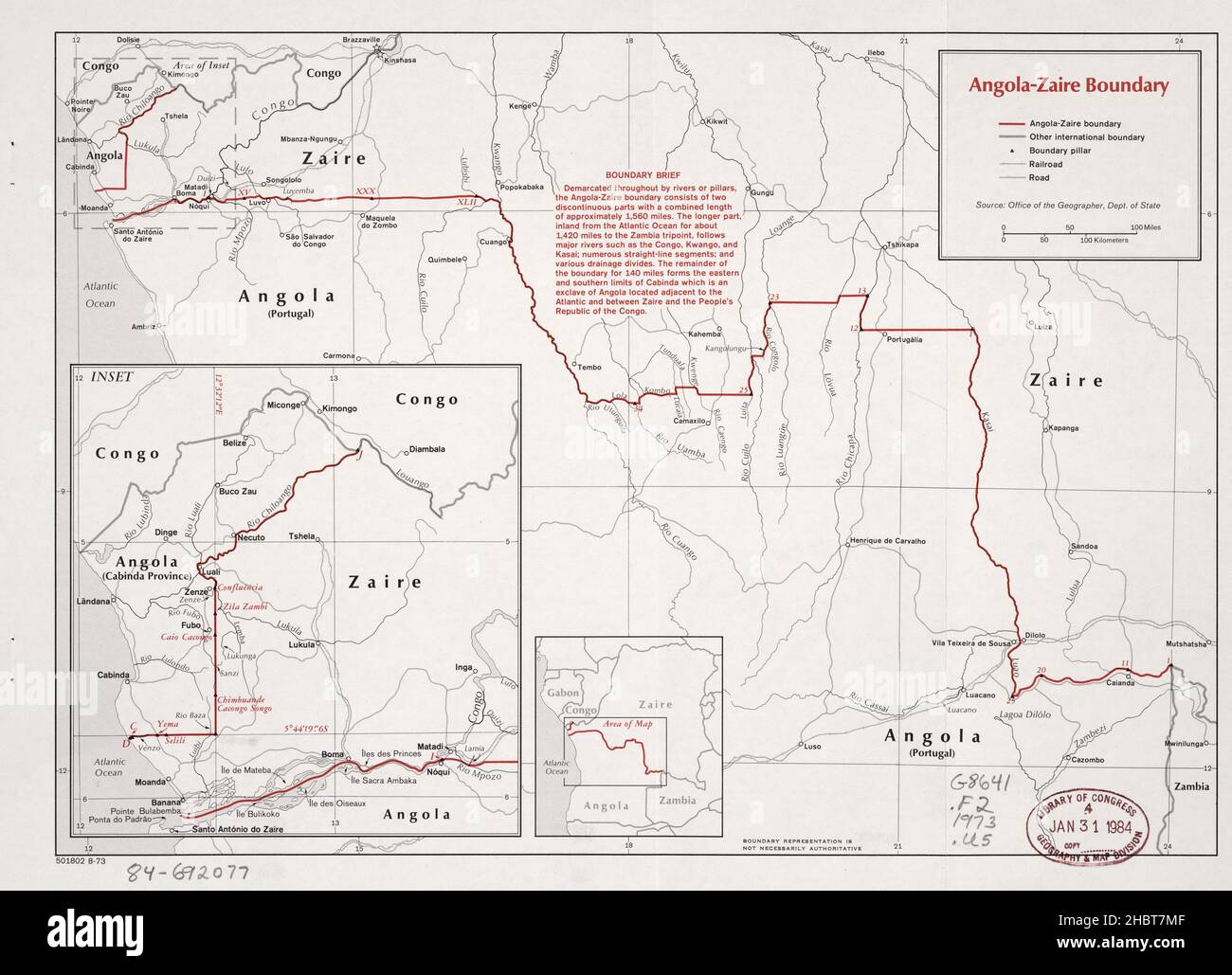 Map of the Angola / Zaire boundary or Angola / D.R.C. boundary ca. 1973 ...