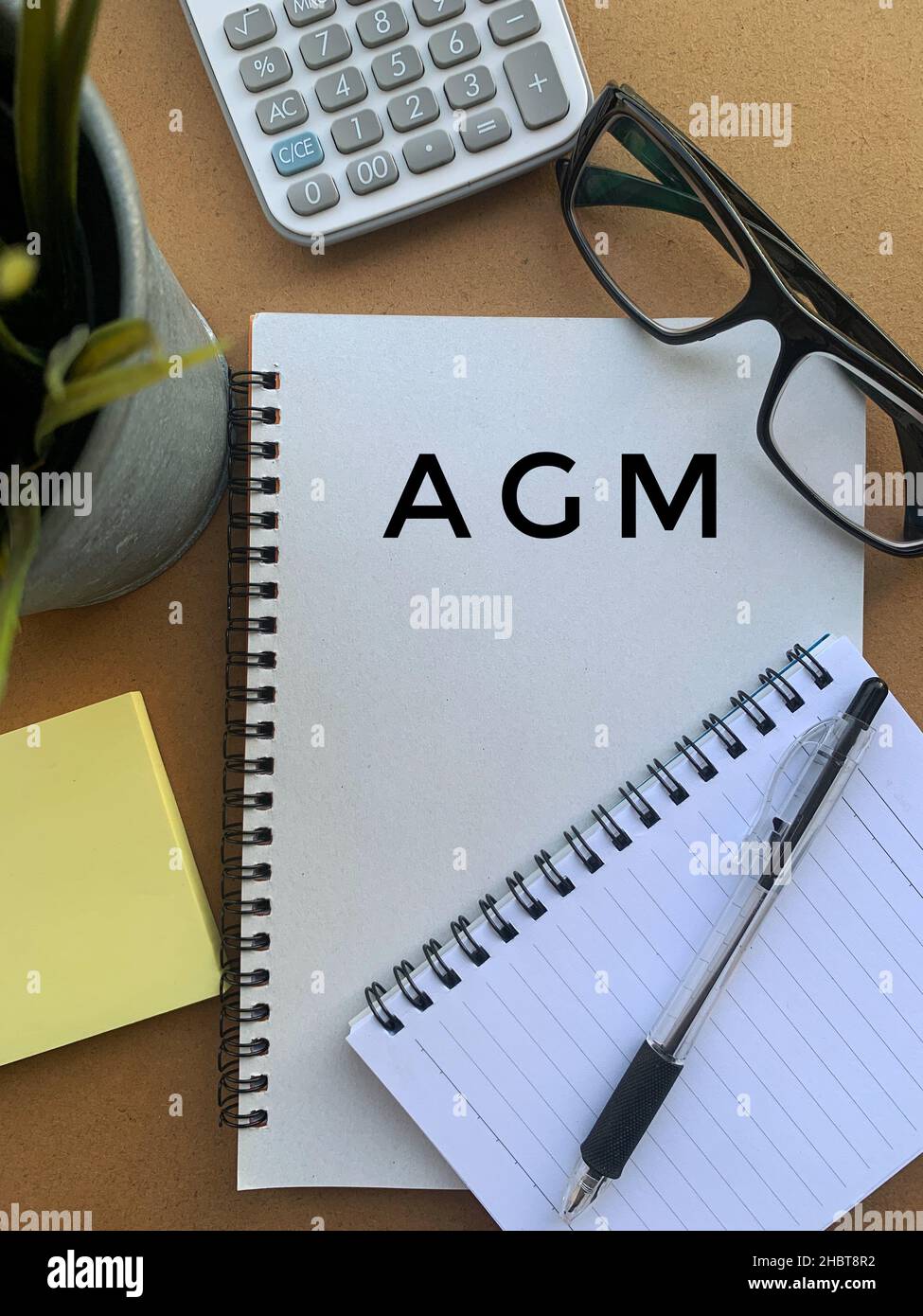 Annual General Meeting text on a note pad with plant, glasses, sticky ...