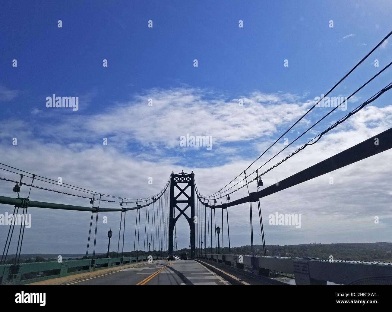 Traveling over the Mount Hope Bridge, a suspension bridge over Mount ...