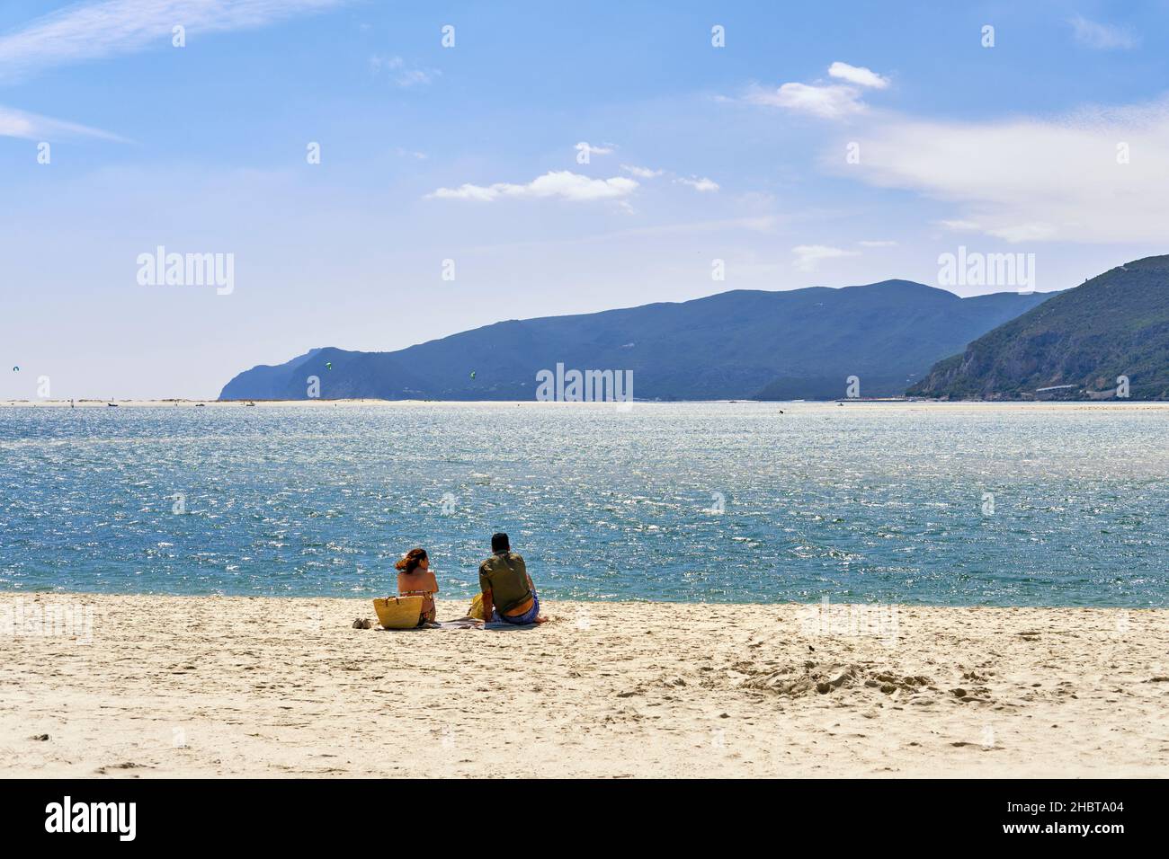 Troia beach and Arrabida mountain range, where the Sado river meets the ...