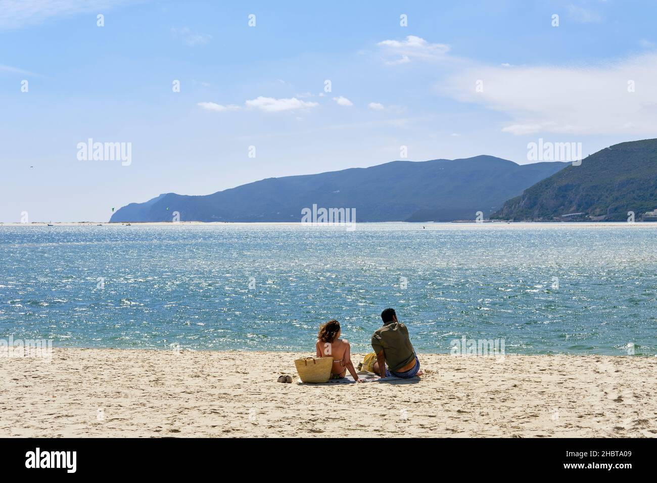 Troia beach and Arrabida mountain range, where the Sado river meets the ...