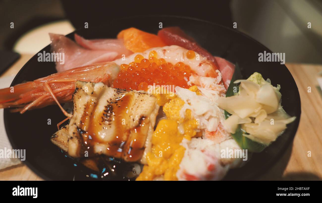 Close up images of japanese seafood rice bowl or kaisendon sashimi ...