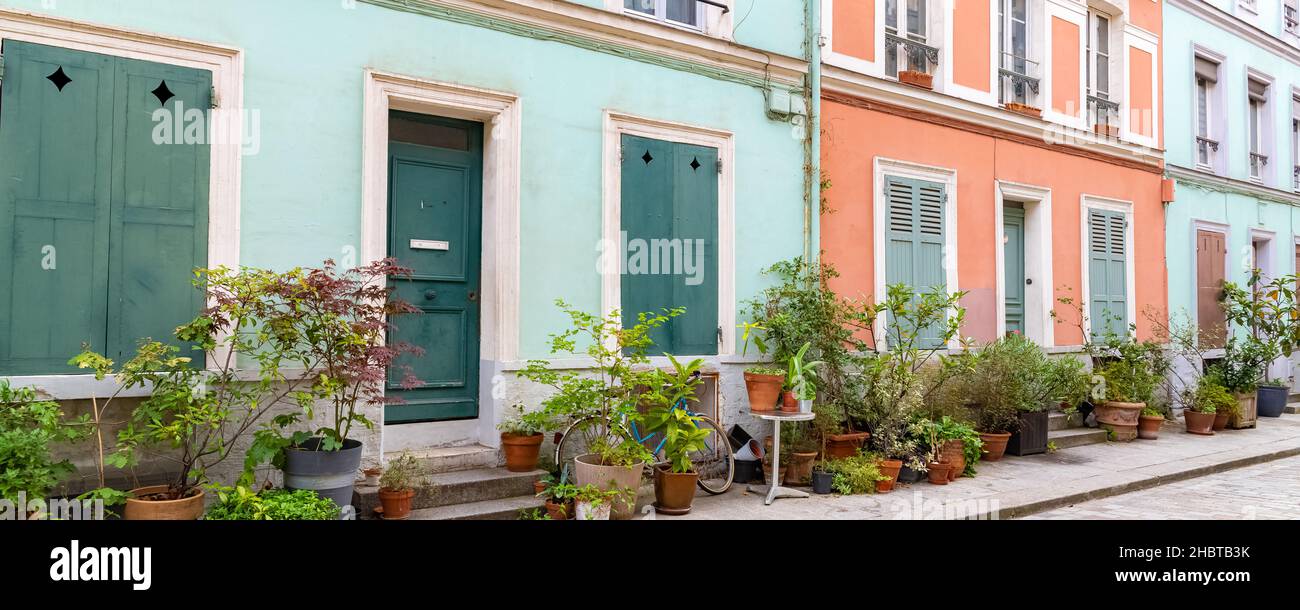 Paris, colorful houses rue Cremieux, typical street Stock Photo - Alamy
