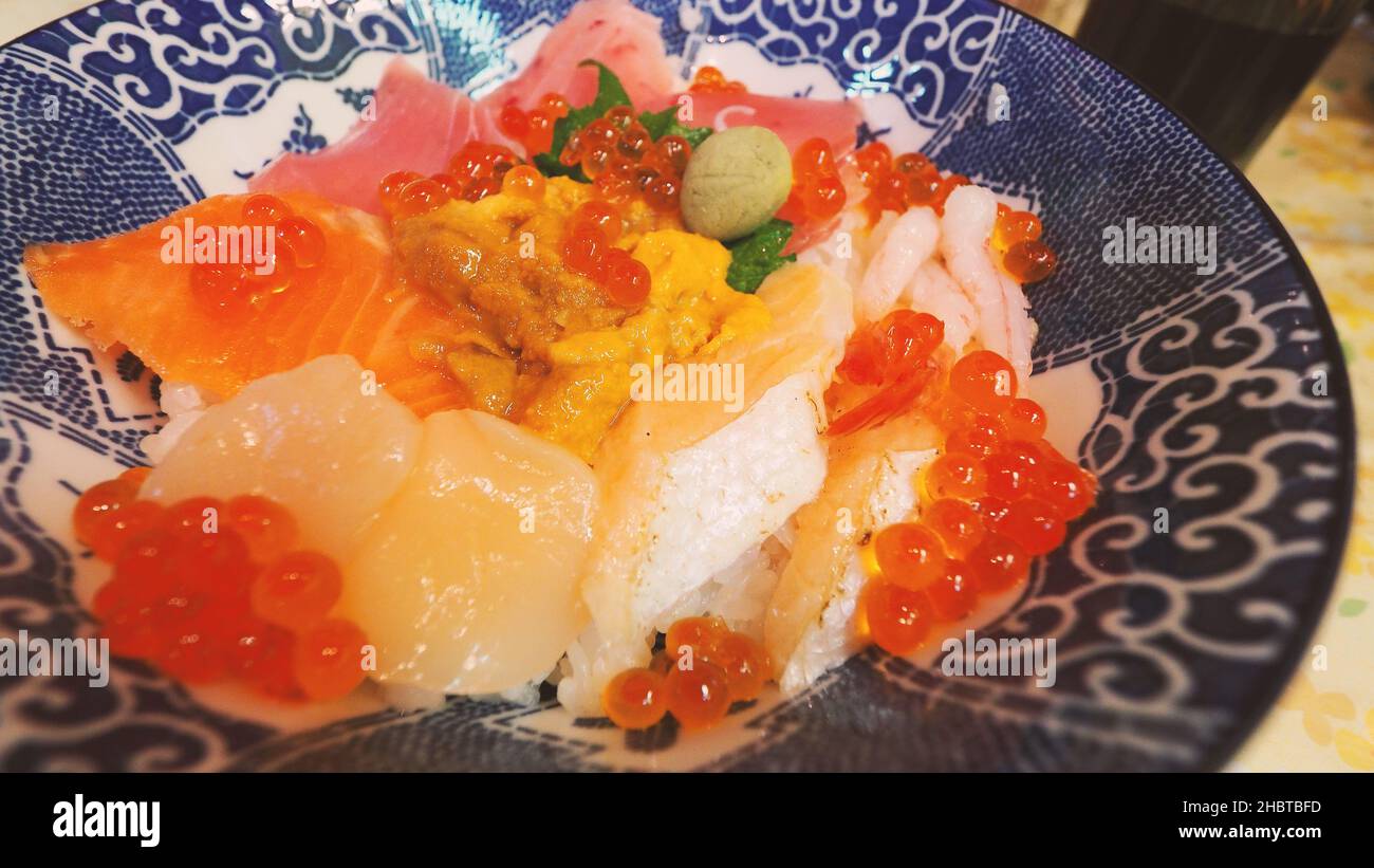 Close up images of japanese seafood rice bowl or kaisendon sashimi ...
