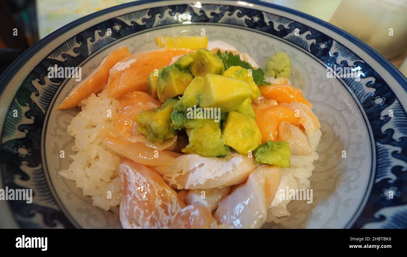 Close up images of japanese seafood rice bowl or kaisendon sashimi ...