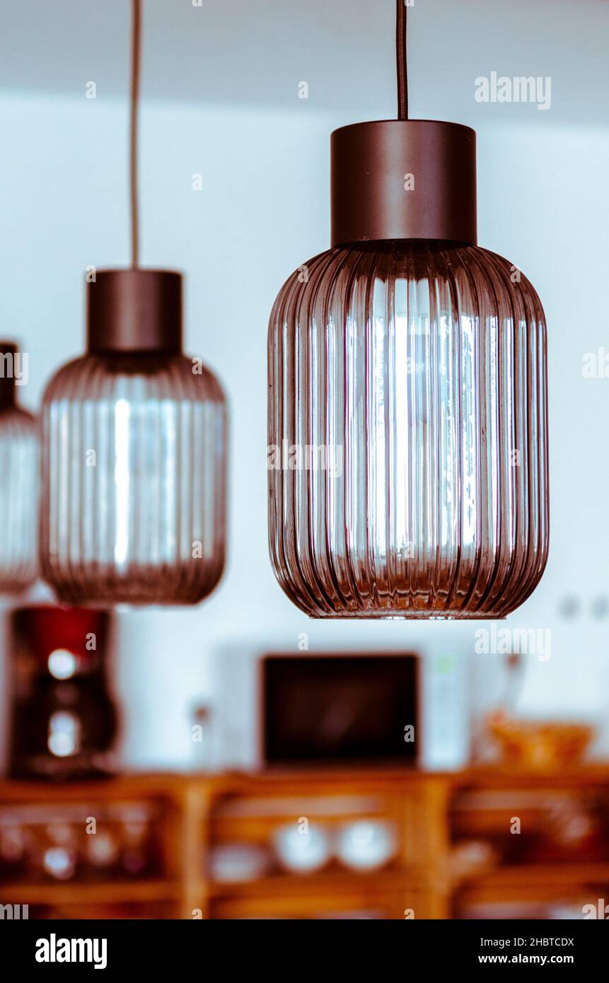 Interior design. Textured glass ceiling lamps in the Scandinavian ...