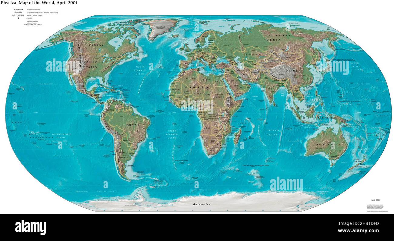 Physical Map of the World ca. April 2001 Stock Photo - Alamy