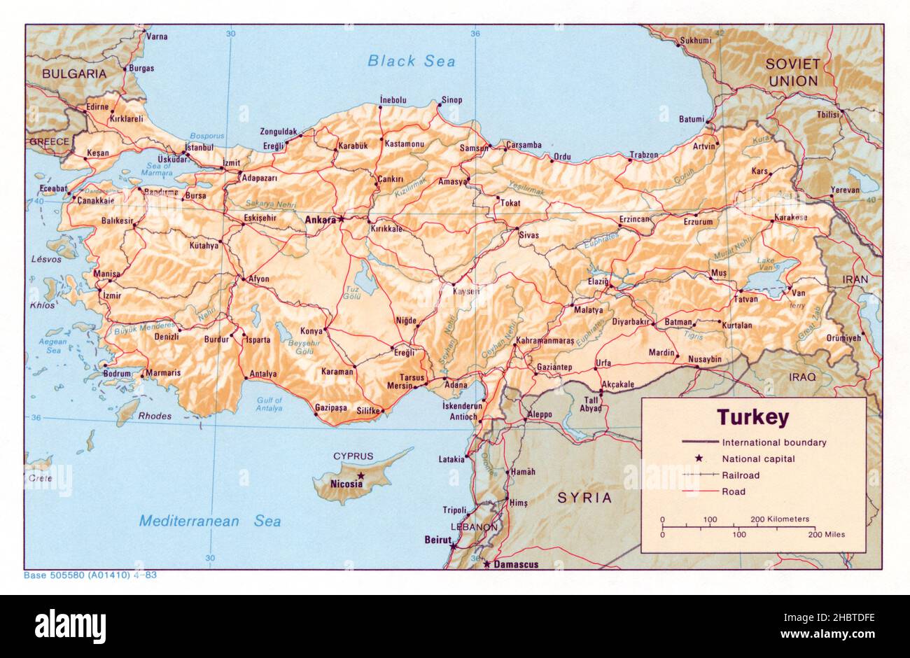 Map of Turkey. Relief shown by shading. ca. 1983 Stock Photo - Alamy
