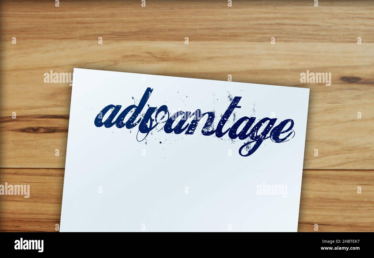 Advantage word on page and paper dollar signs around on wooden table ...