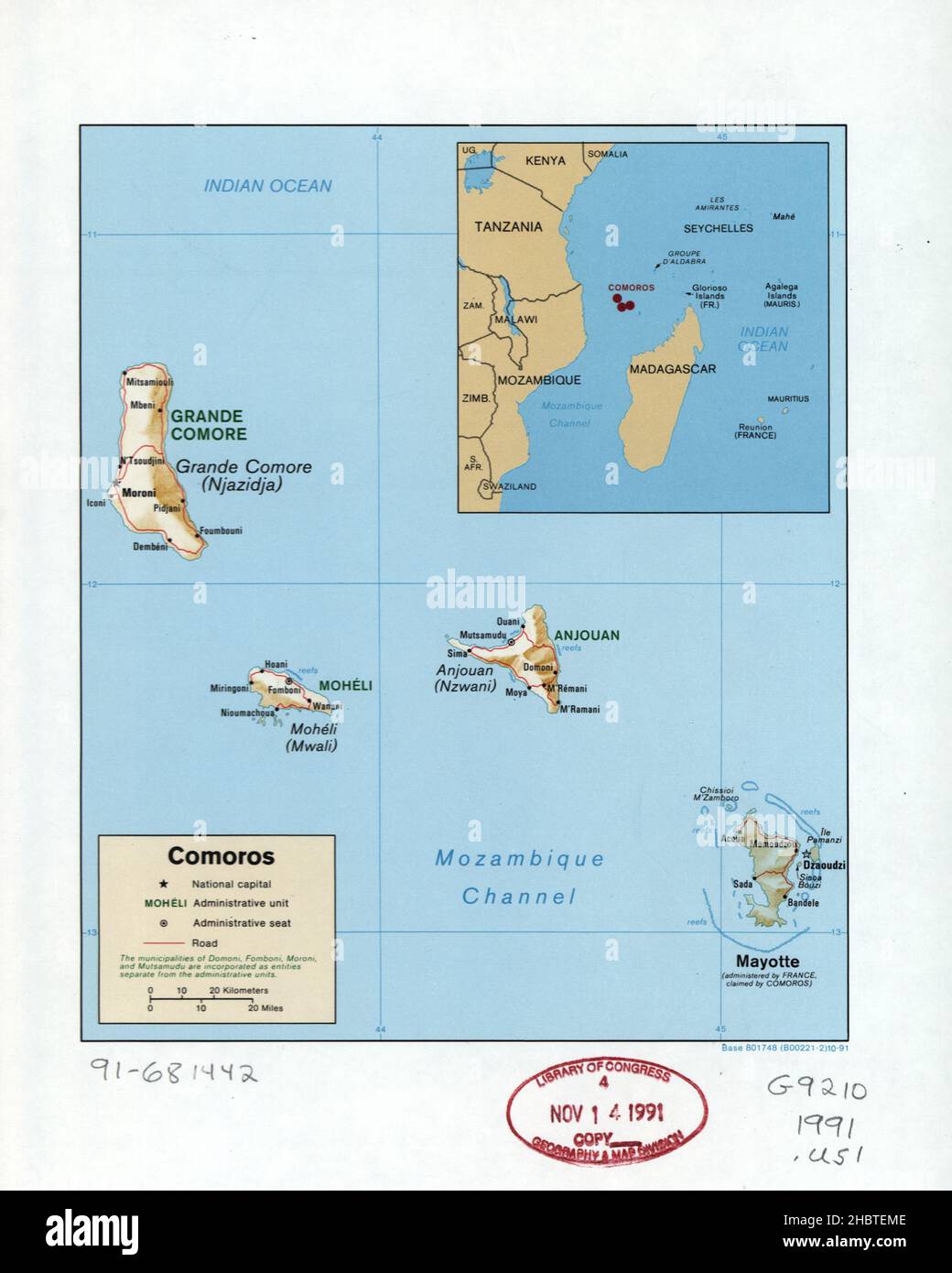 Map of Comoros Islands ca. 1991 Stock Photo - Alamy
