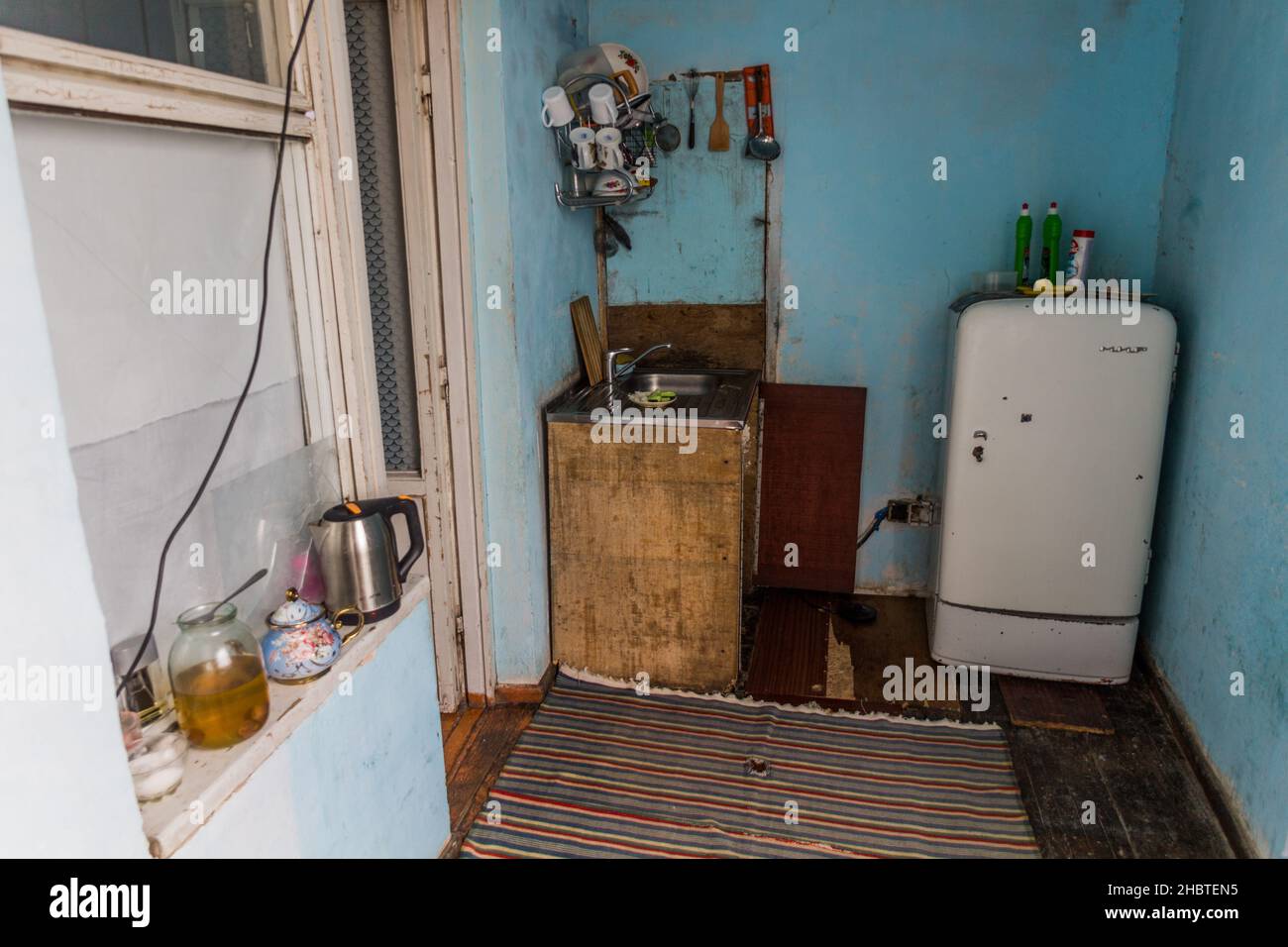 DUSHANBE, TAJIKISTAN - MAY 15, 2018: Kitchen at an old soviet ...