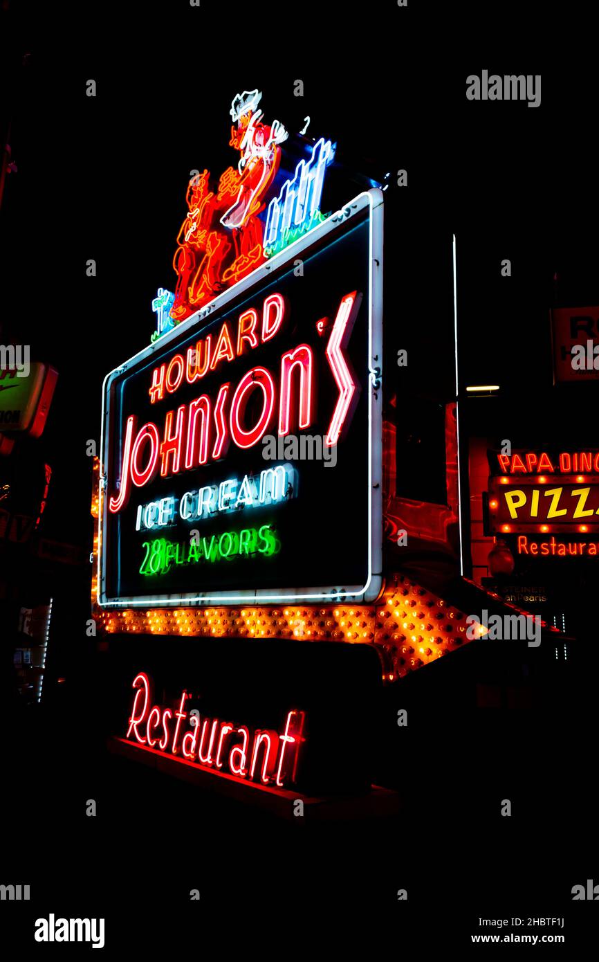 multicoloured illuminated neon signs of Howard Johnson restaurant and ...
