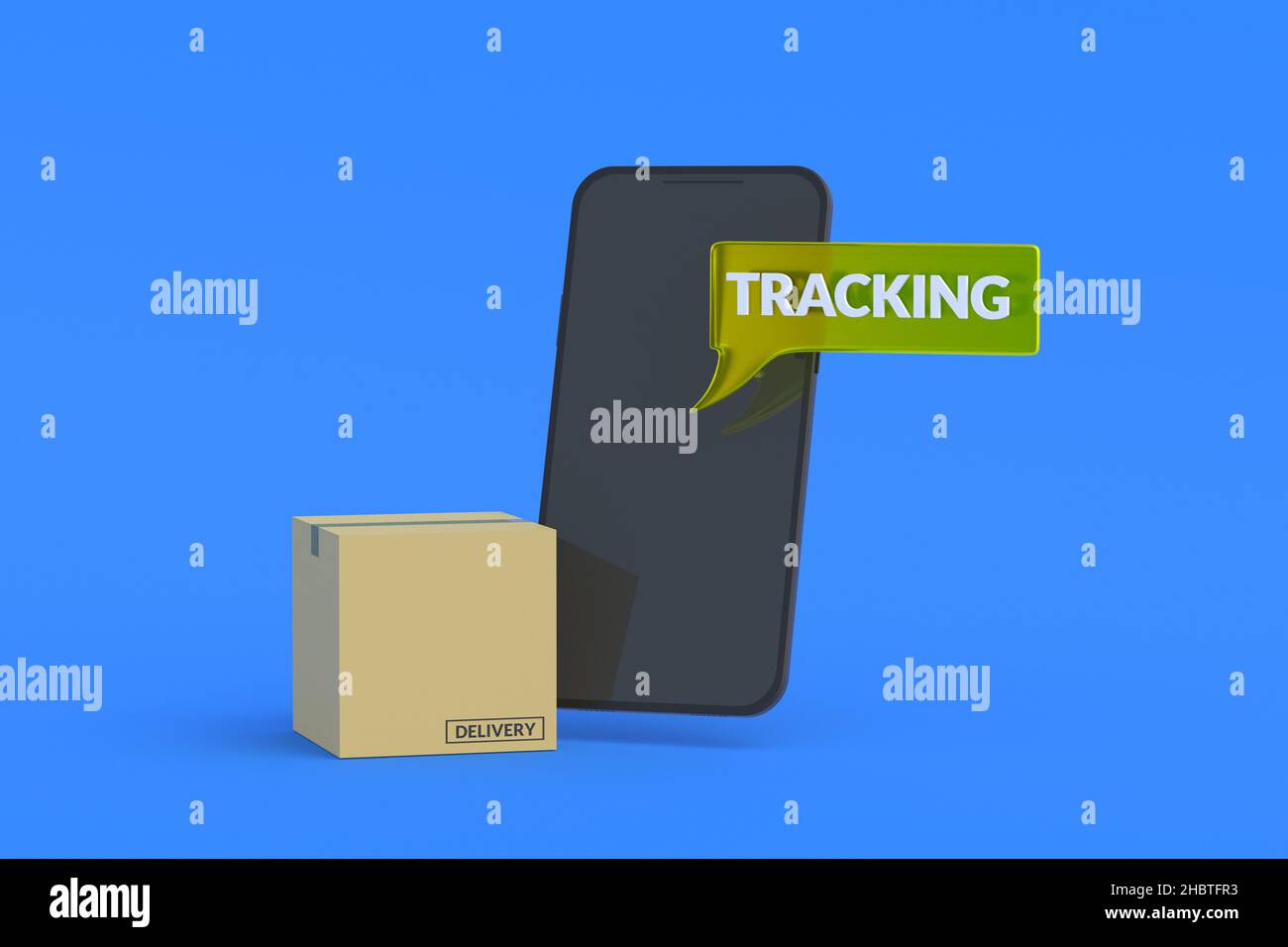 Mobile phone with word tracking near cardboard box. Monitoring the ...