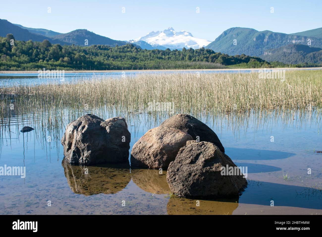 landscape view since lake with rocks in Patagonia Argentina Stock Photo ...