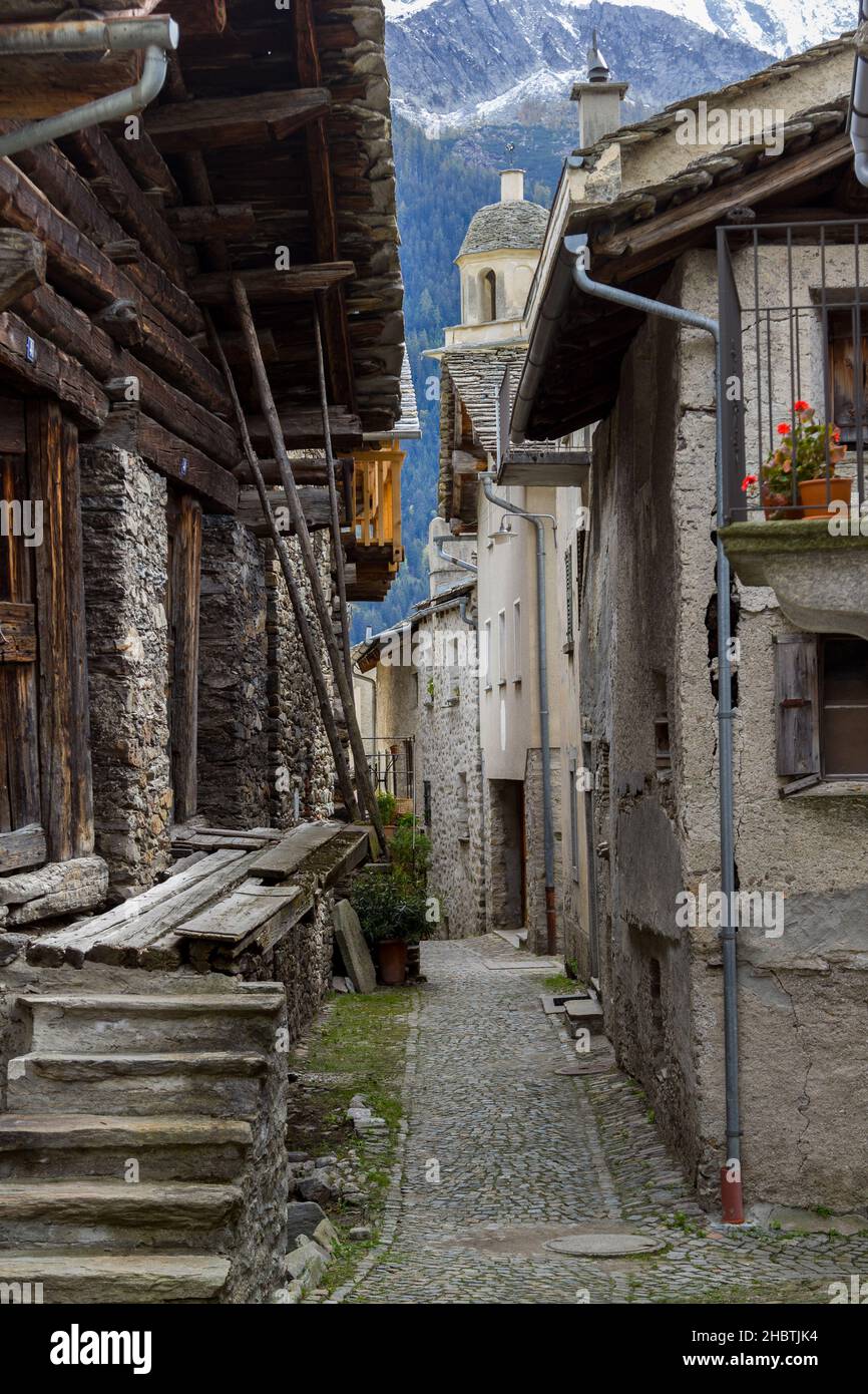 Narrow lanes in the mountain village Soglio, one of the most beautiful ...