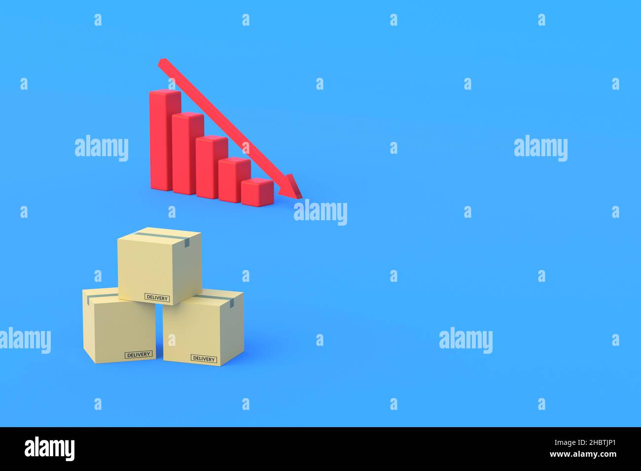 Cardboard boxes near red graphic with down arrow. Reduced costs ...