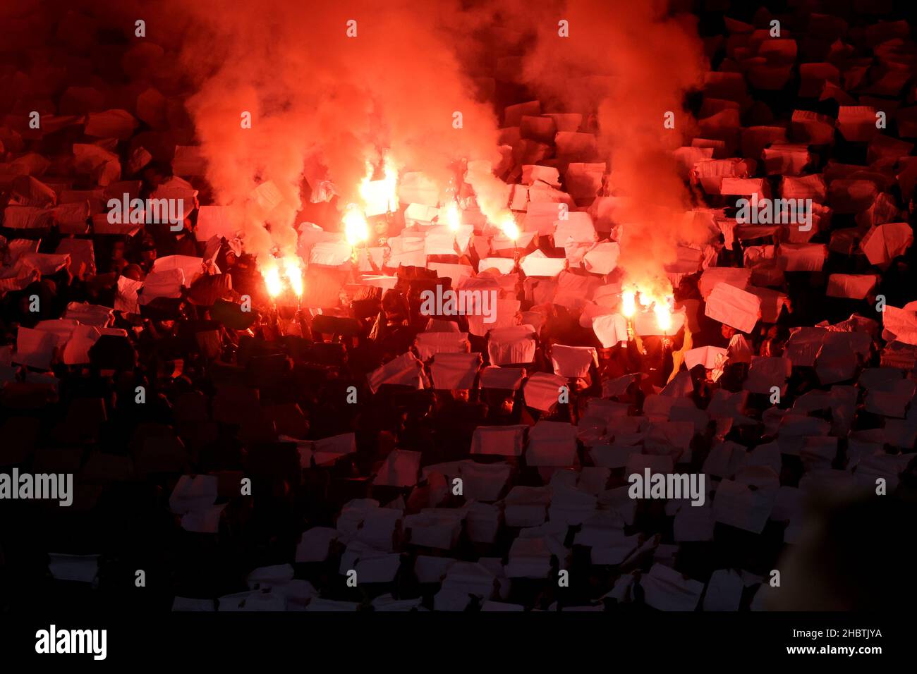 Celtic fans let off smoke flares in the stands during the Premier ...
