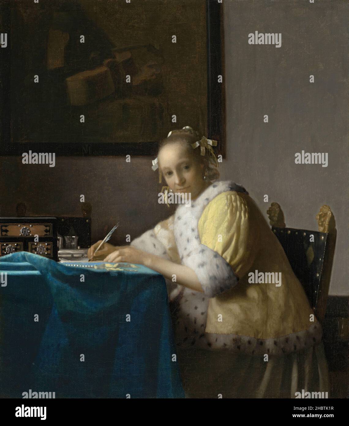 A Lady Writing - 1665c - Oil on canvas 45 x 39,9 cm - Vermeer Jan Stock ...