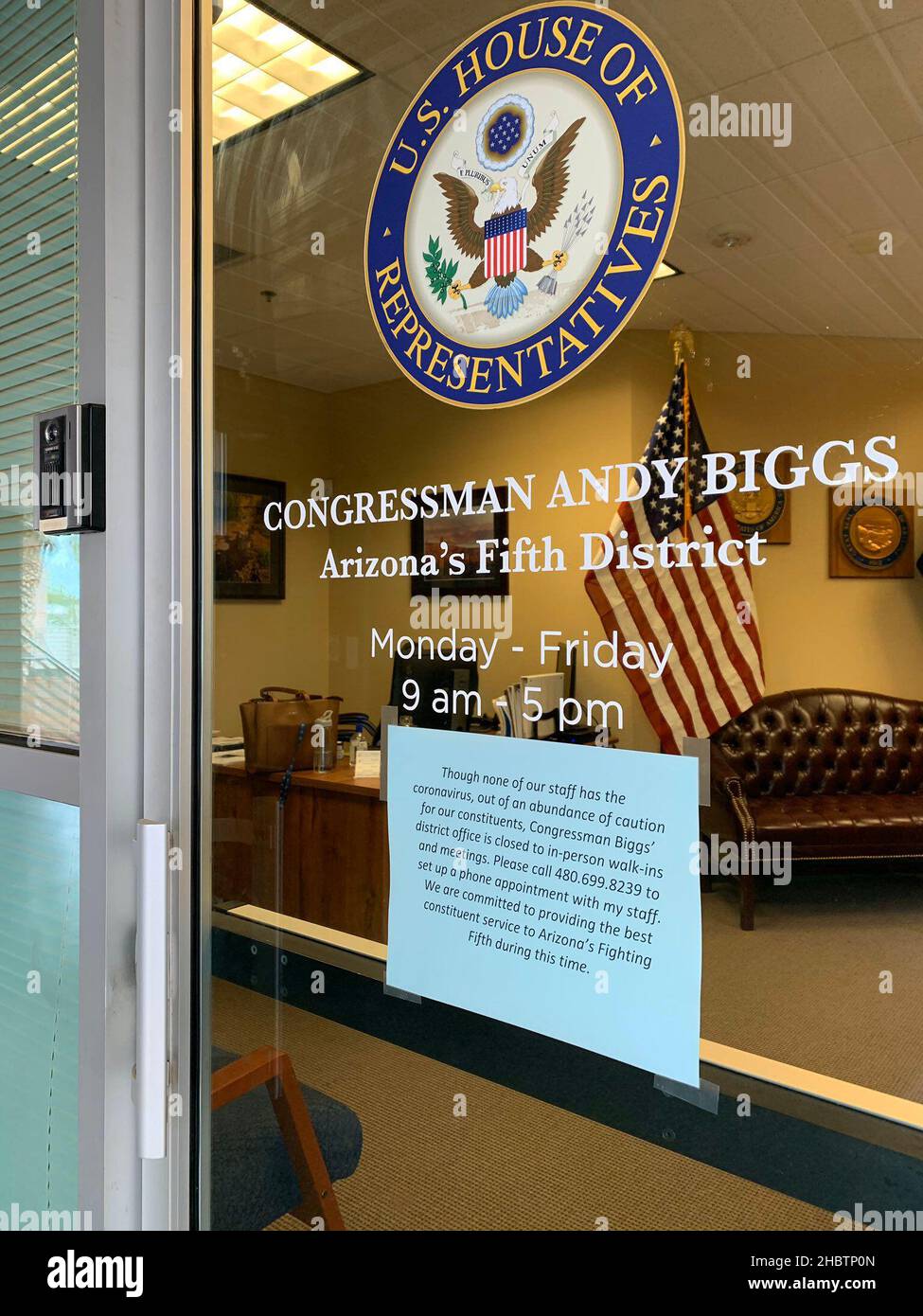 Congressman Andy Biggs Office Door ca. 24 March 2020 Stock Photo - Alamy