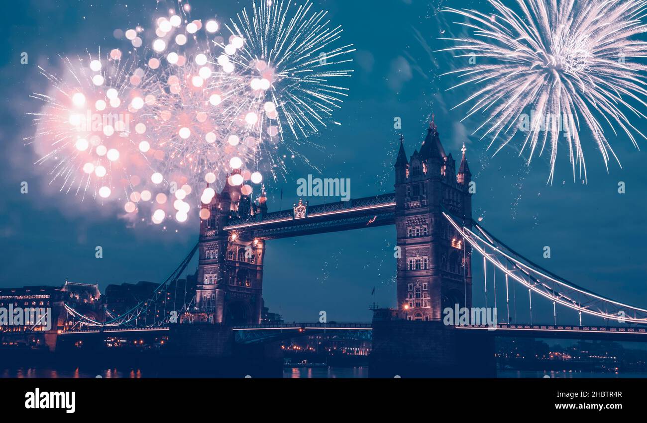 Celebratory fireworks over Tower Bridge - New Year destination. London ...