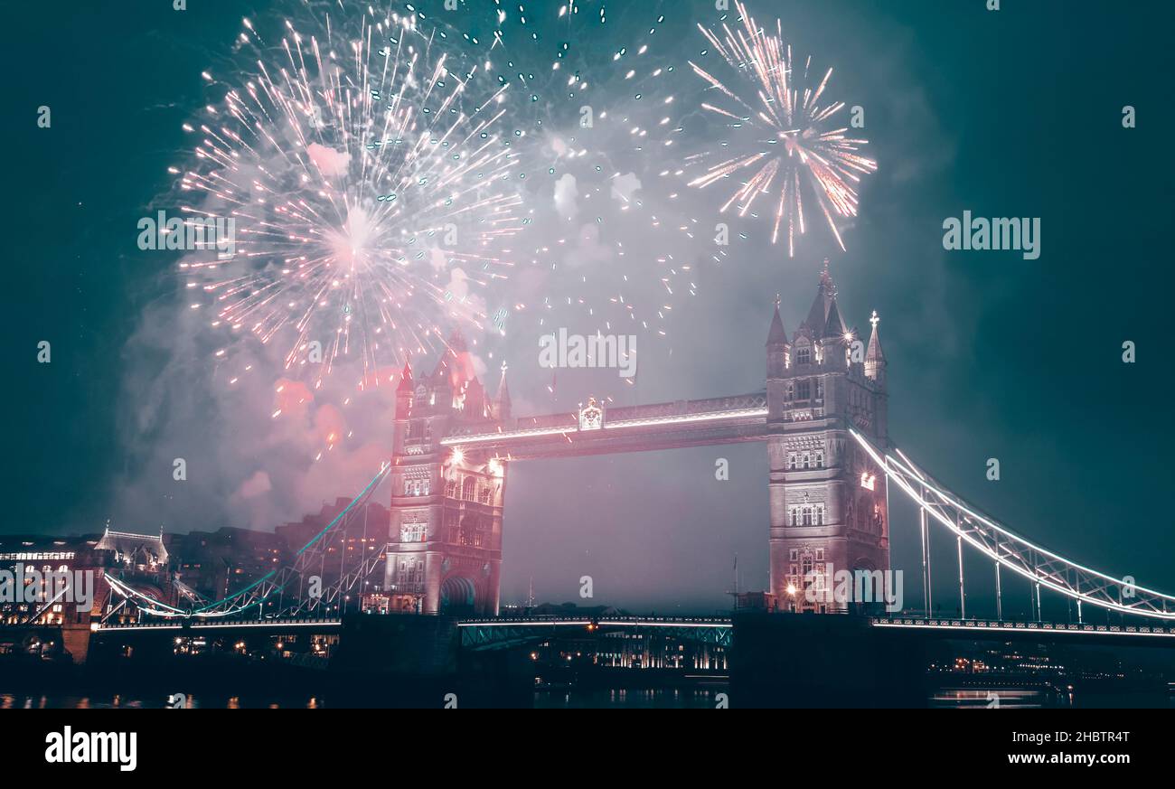 Celebratory fireworks over Tower Bridge - New Year destination. London ...