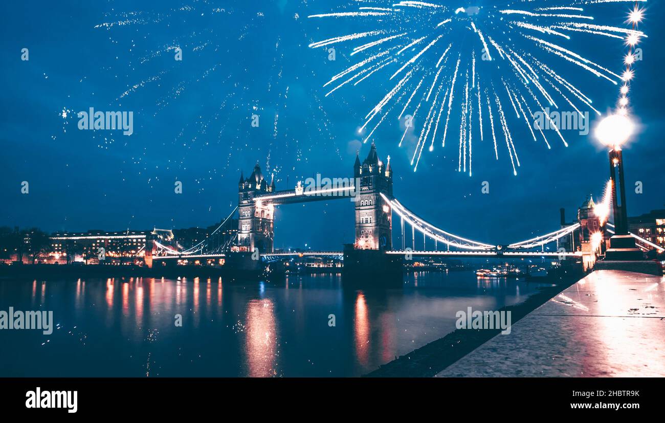 Celebratory fireworks over Tower Bridge - New Year destination. London ...