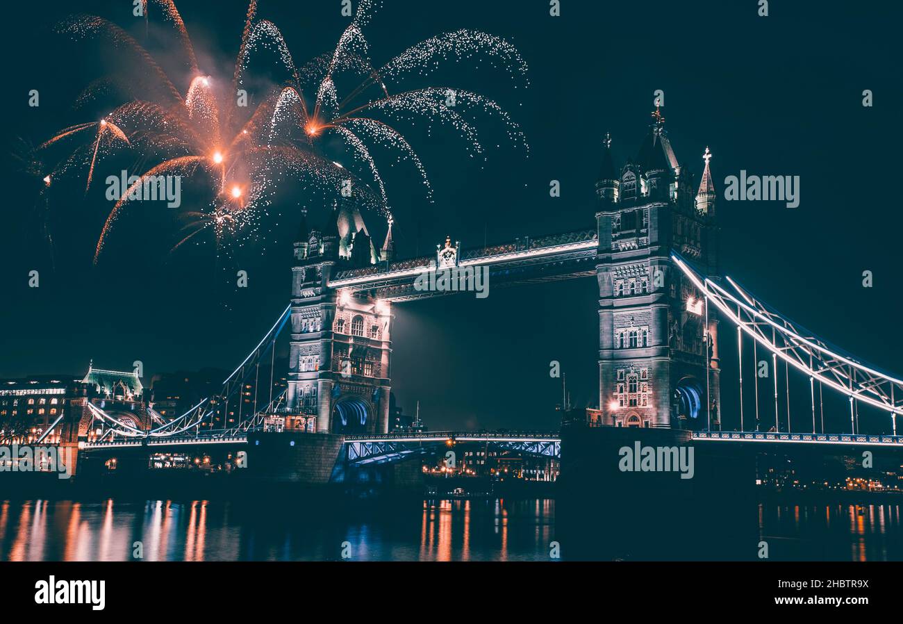 Celebratory fireworks over Tower Bridge - New Year destination. London ...