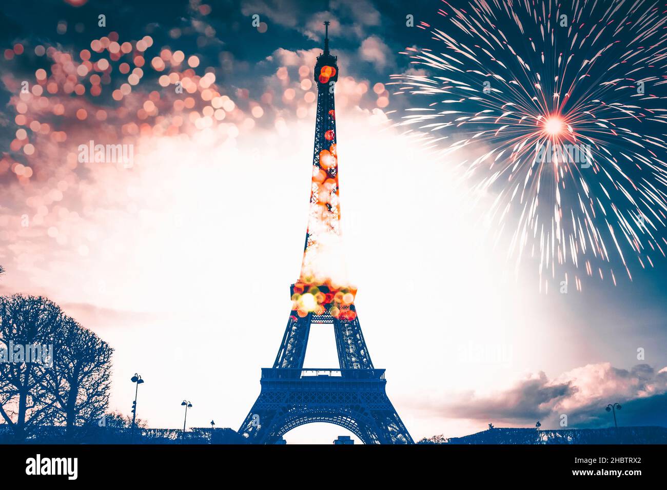 Eiffel tower with fireworks, celebration of the New Year in Paris ...