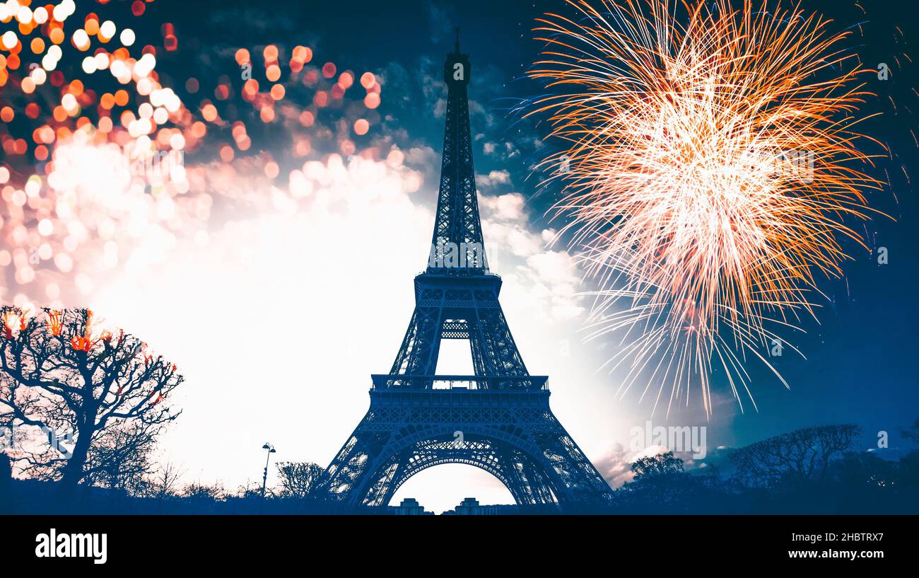 Eiffel tower with fireworks, celebration of the New Year in Paris ...