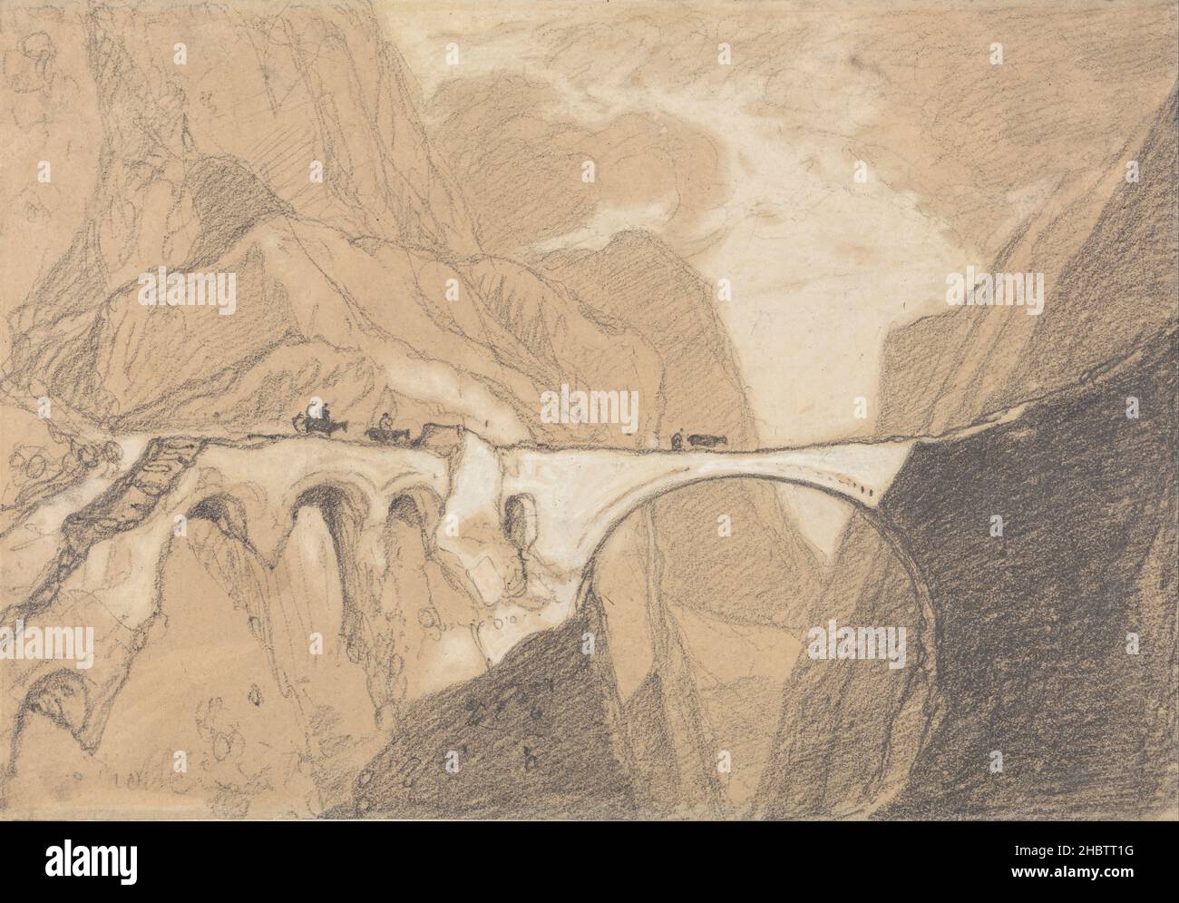 John Sell Cotman - Travellers Crossing a Bridge over an Alpine Gorge ...