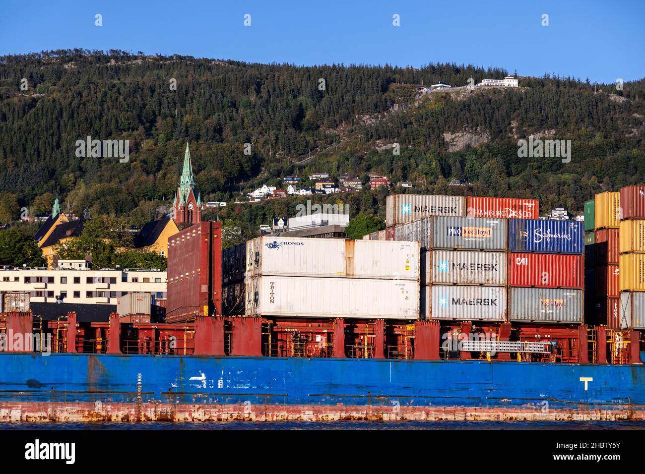 Containers onboard a feeder vessel at Dokkeskjaerskaien quay, in the ...