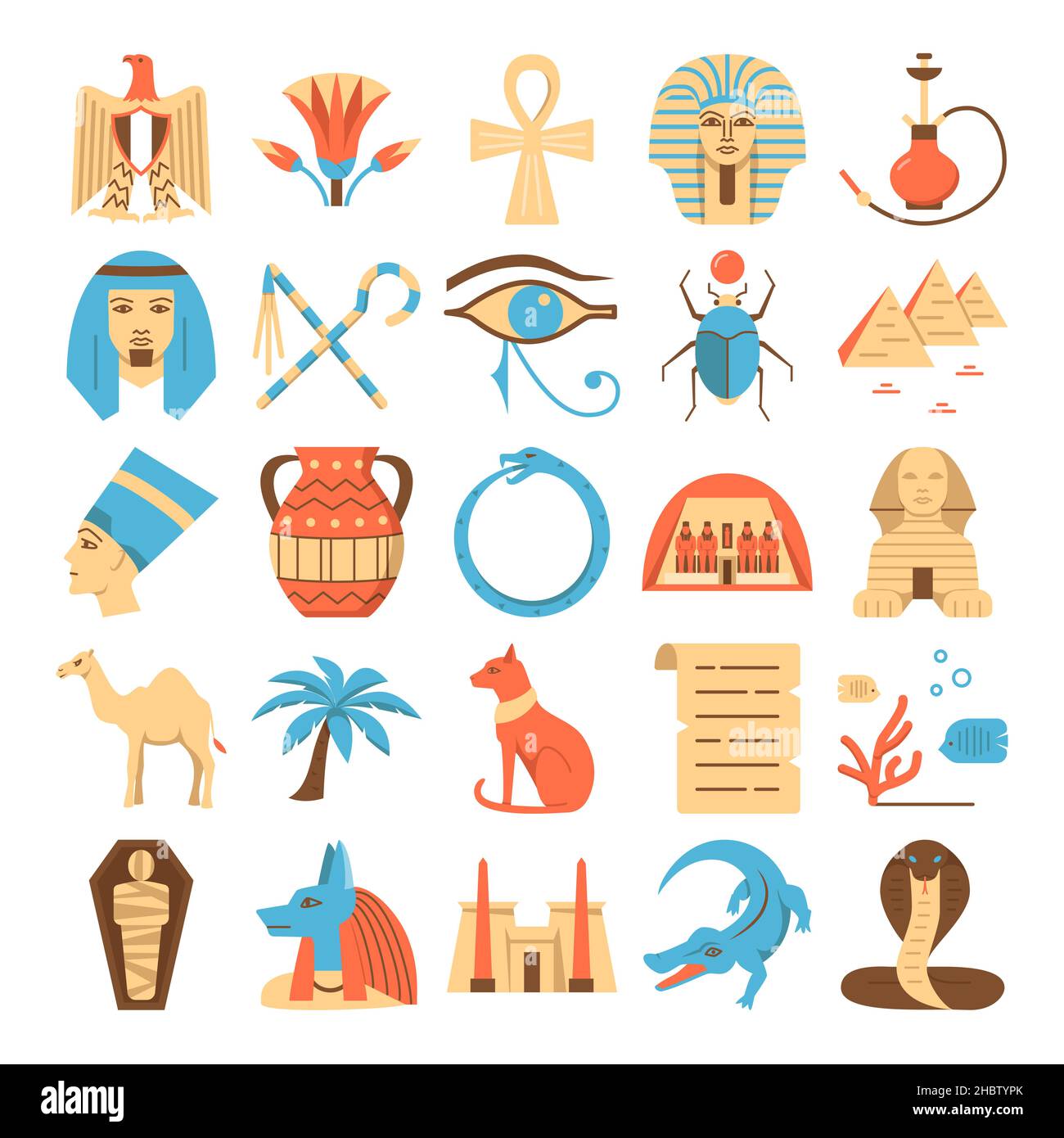 Egypt icons set in flat style. Traditional symbols including pharaoh ...