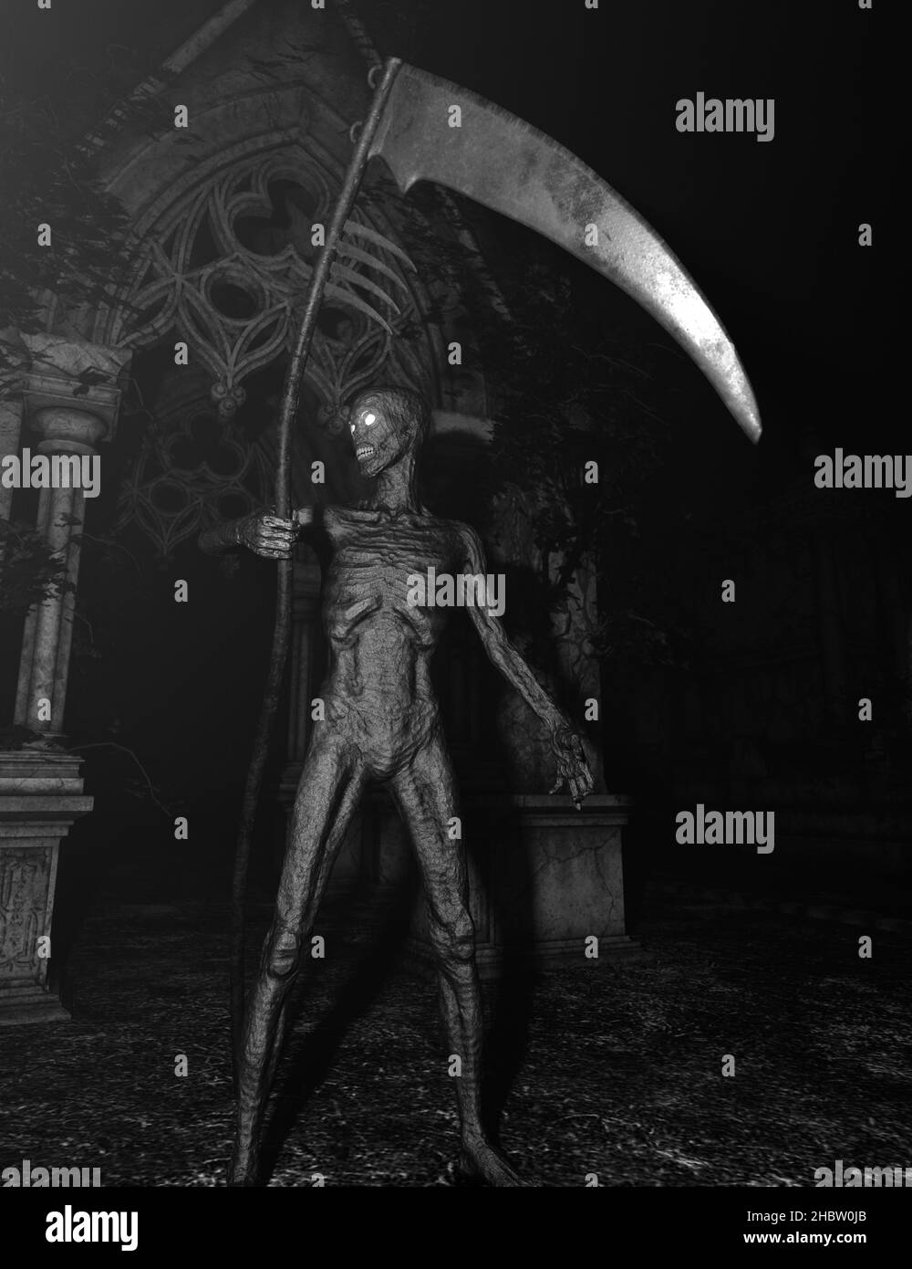 Demon of death in front of a gate - Spooky night background - 3d ...