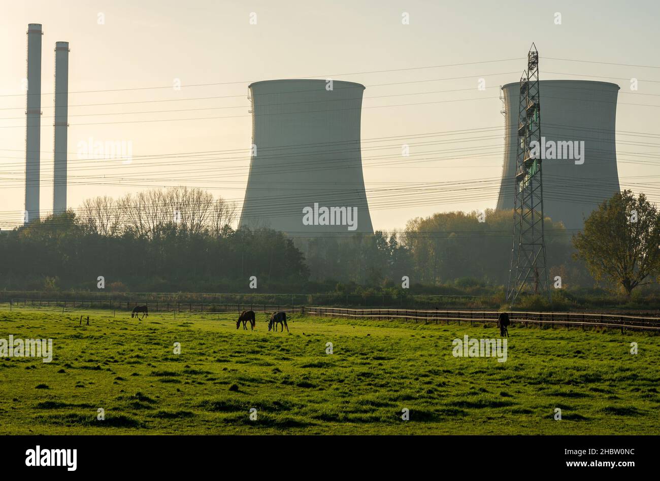Cooling towers of power plant in Maasbracht, Province Limburg, with ...