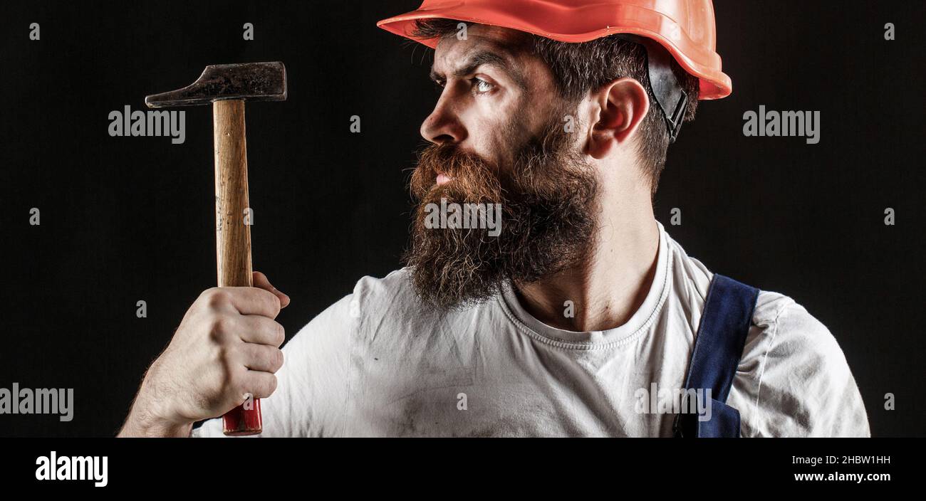 Handyman services. industry, technology, builder man, concept. Bearded ...
