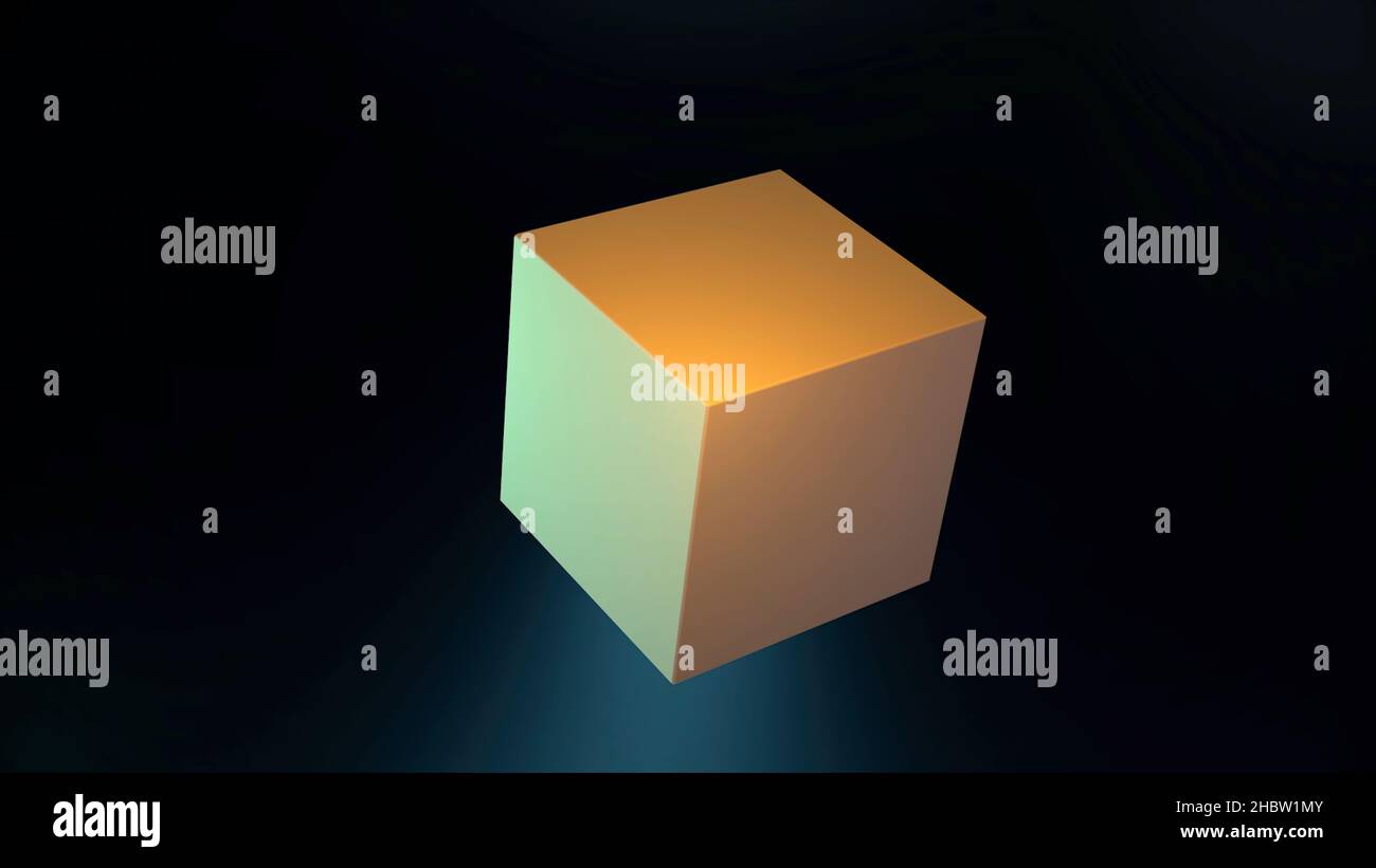 Abstract 3D cube rotating and changing colours of its faces, isolated ...