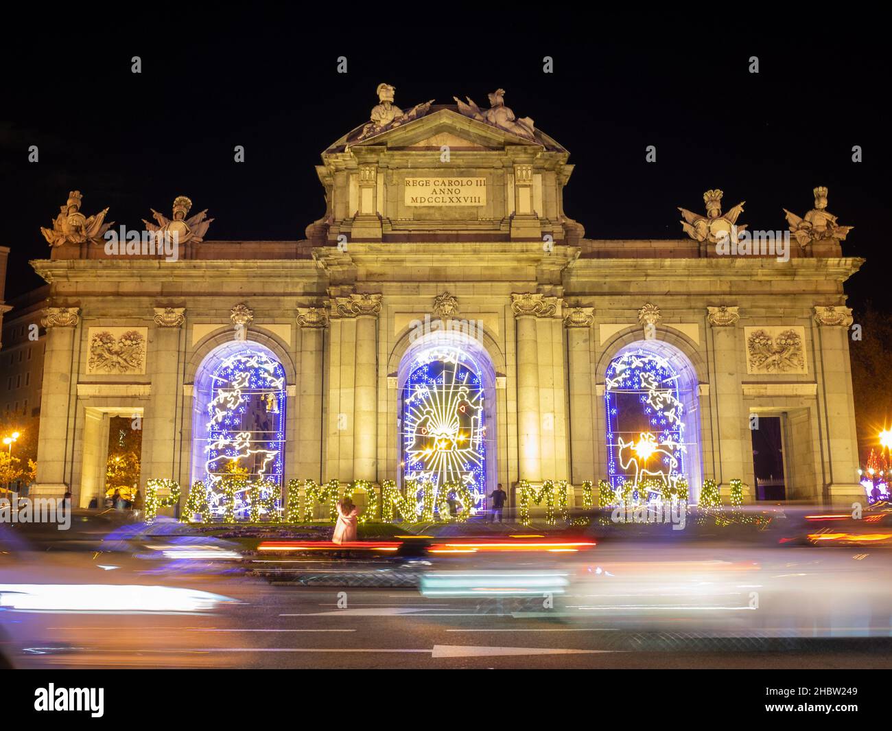 Puerta de Alcala arch decorated for Christmas, Madrid Stock Photo - Alamy