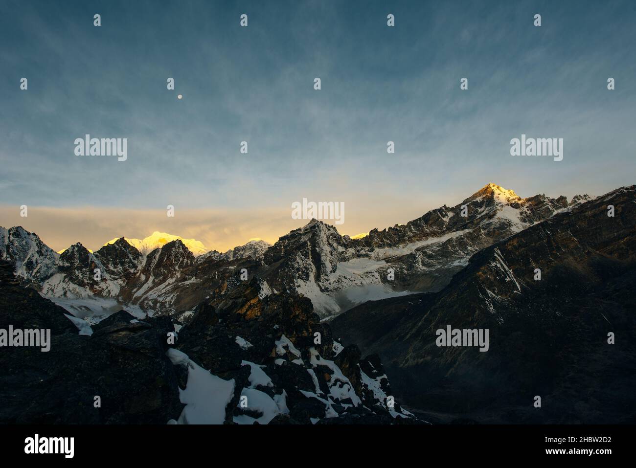 Fire on Everest. Everest mountain on sunrise, view from Gokyo Ri peak ...