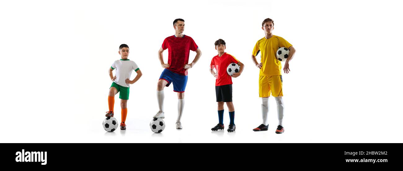 Collage of four male sportsmen, football players of different age ...