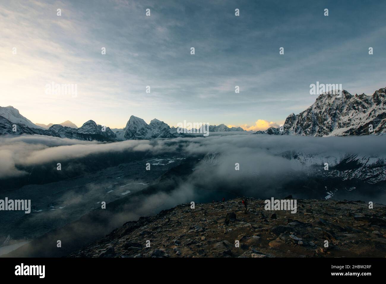 Fire on Everest. Everest mountain on sunrise, view from Gokyo Ri peak ...
