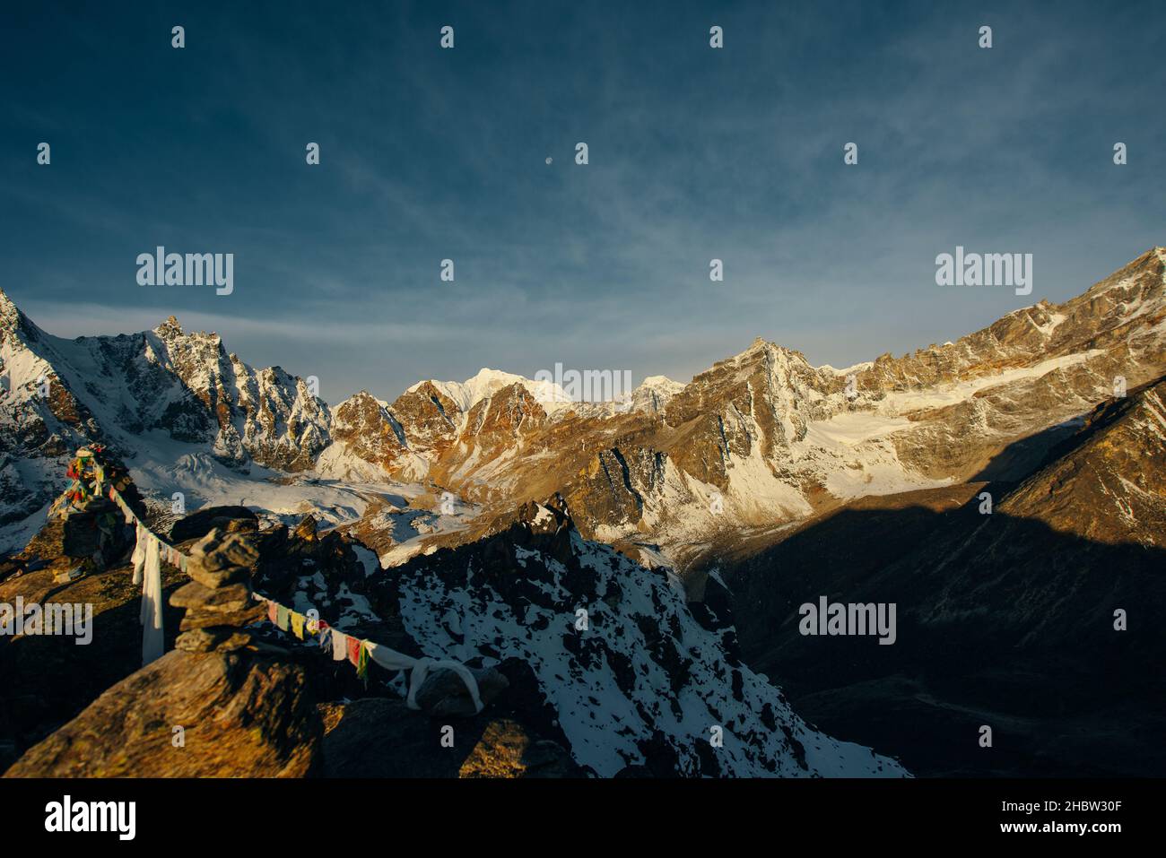 Fire on Everest. Everest mountain on sunrise, view from Gokyo Ri peak ...