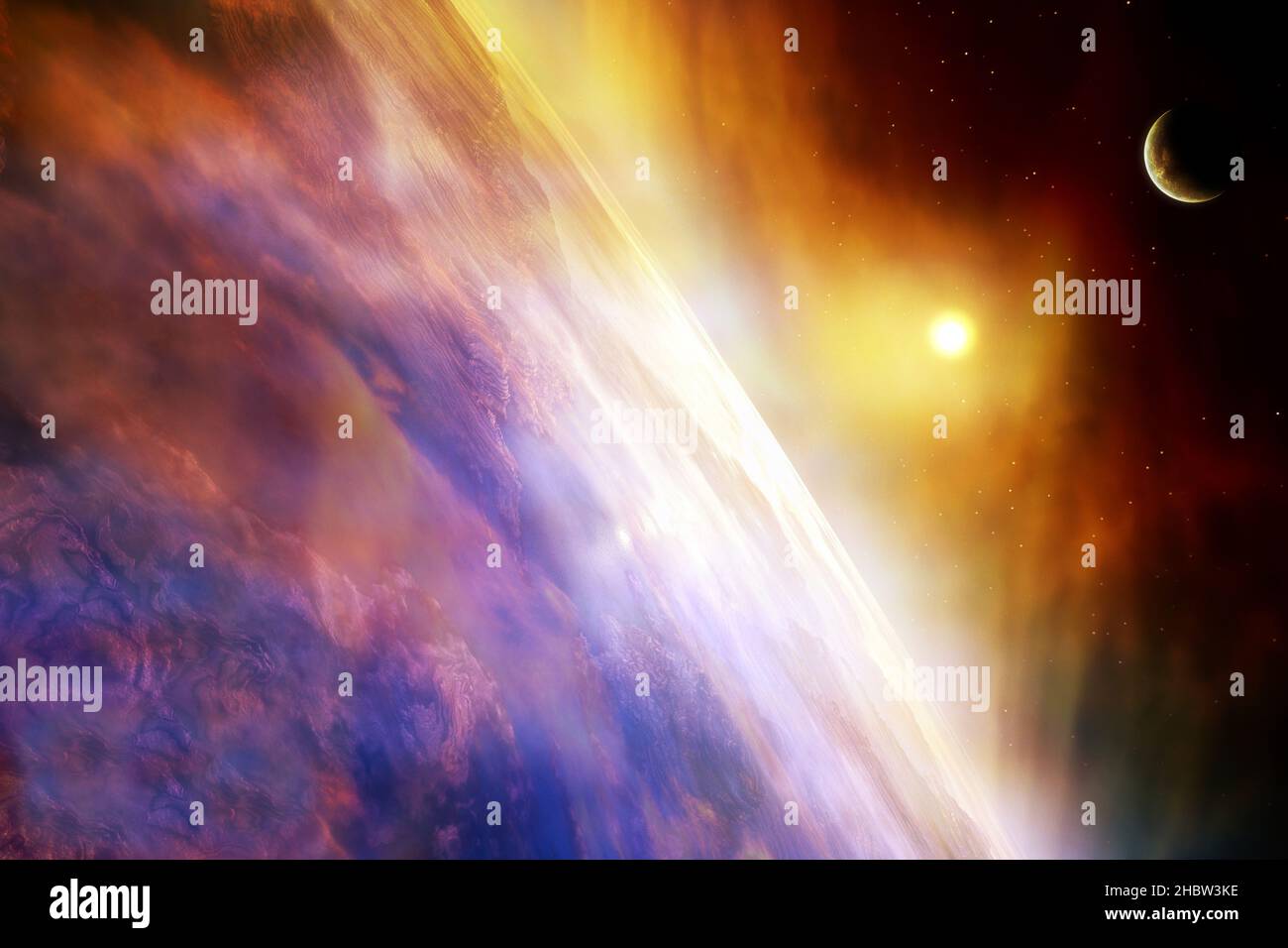A 3D render of the cosmos with colorful light beams shining over the ...