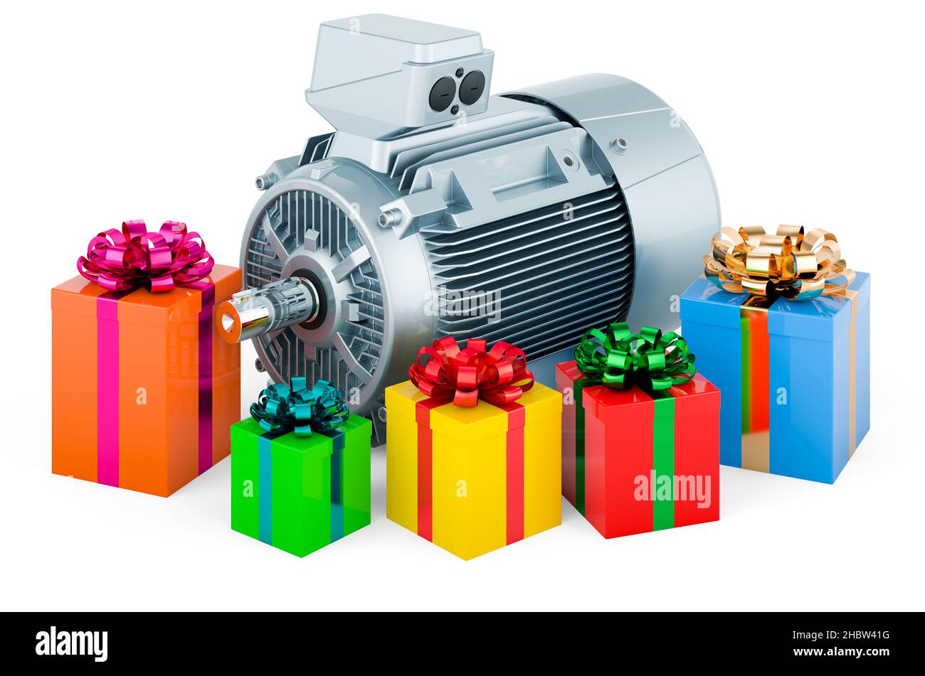 Electric motor with gift boxes, 3D rendering isolated on white ...