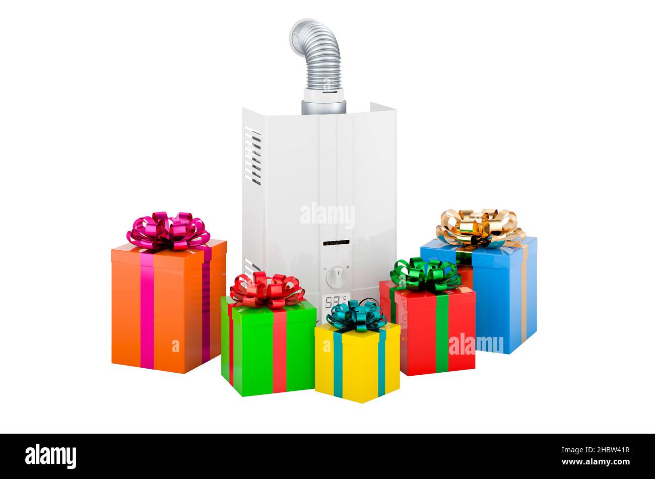 Home gas boiler with gift boxes, 3D rendering isolated on white ...