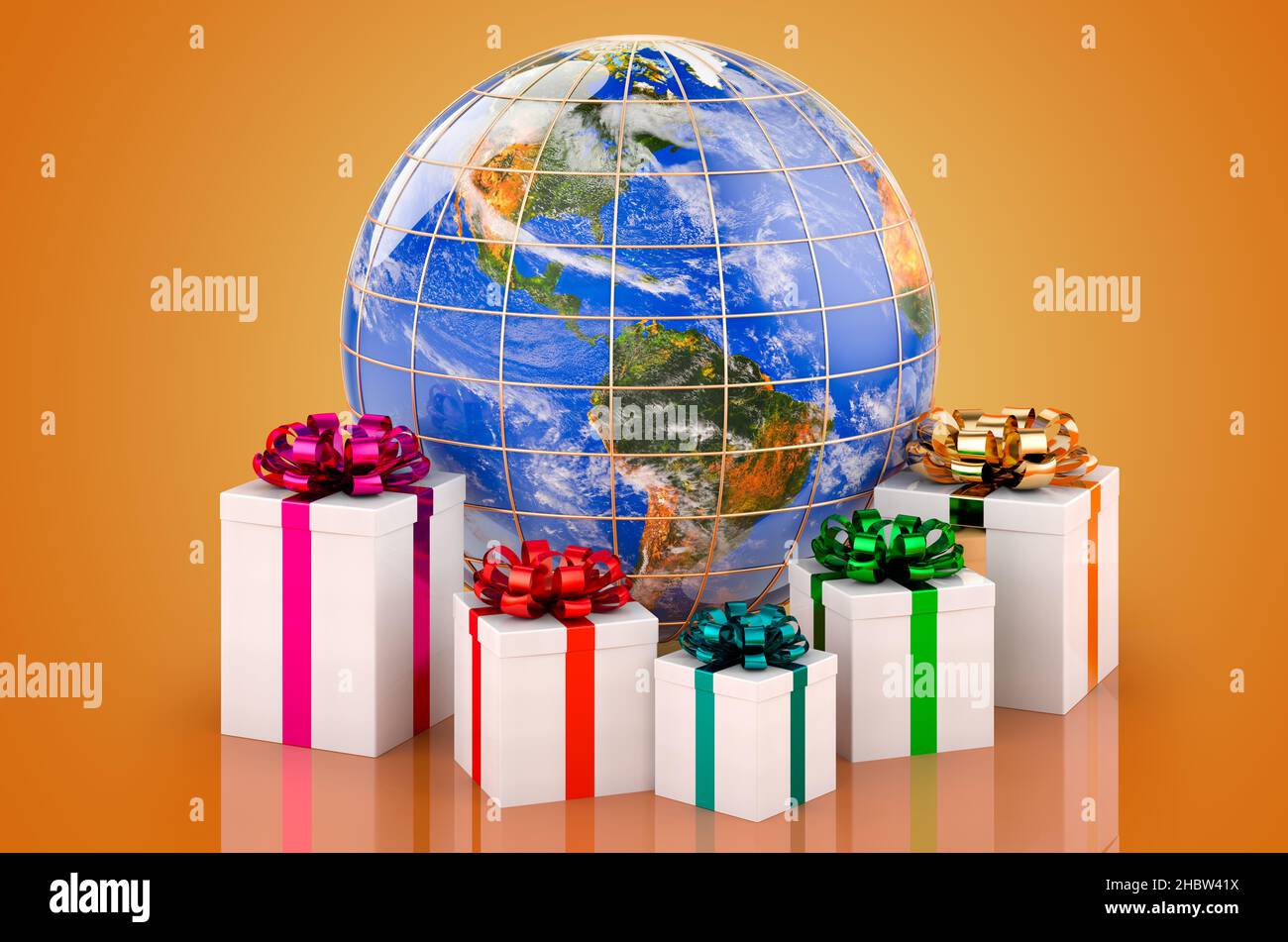 Earth Globe with gifts, 3D rendering isolated on orange background ...