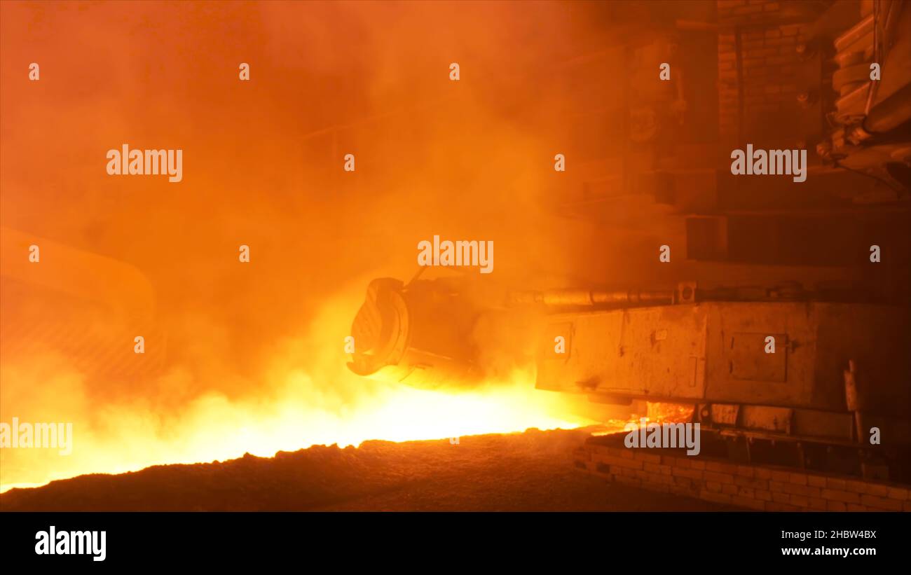 Hot steel production at the steel plant, metallurgy concept. Hot shop ...